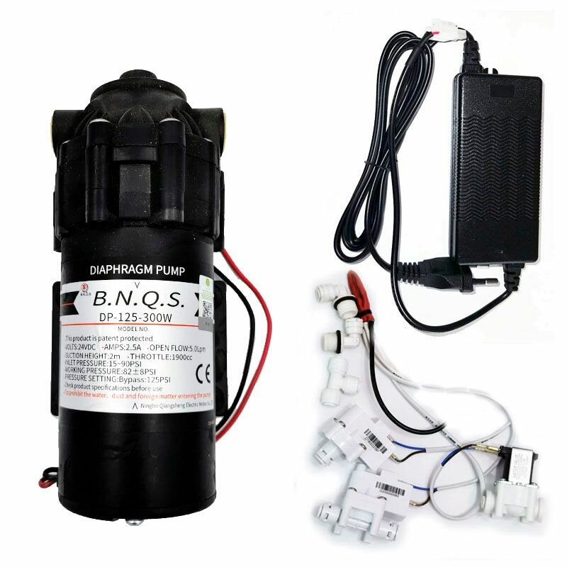 Насос B.N.Q.S. DP-125-300W (помпа) + Блок Питания 24В 3А, фитингами на трубку 1/4" (6,5мм) с набором датчиков и соленоидым клапаном для фильтра с обратным осмосом Родничок.