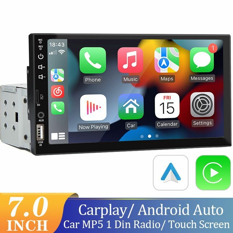 12V Автомагнитола 1 Din с сенсорным экраном 7" Автомобильный MP5-плеер с Carplay и Android auto
