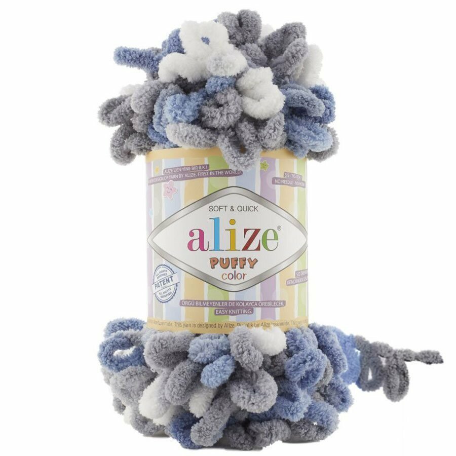 Пряжа Alize PUFFY COLOR 6075 серый/джинс/белый (5 мотков)