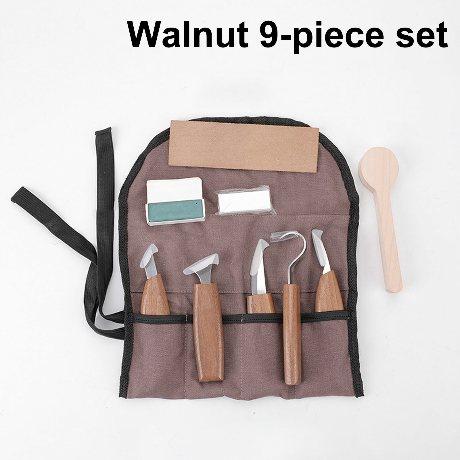 Набор режущих инструментов для резьбы Walnut 9 наборов режущих ножей для резьбы технологии Walnut 5 наборов диагональных режущих ножей + масляный воск + заточительный камень + деревянная ложка + заточитель кожаный канвасный сумка упаковка