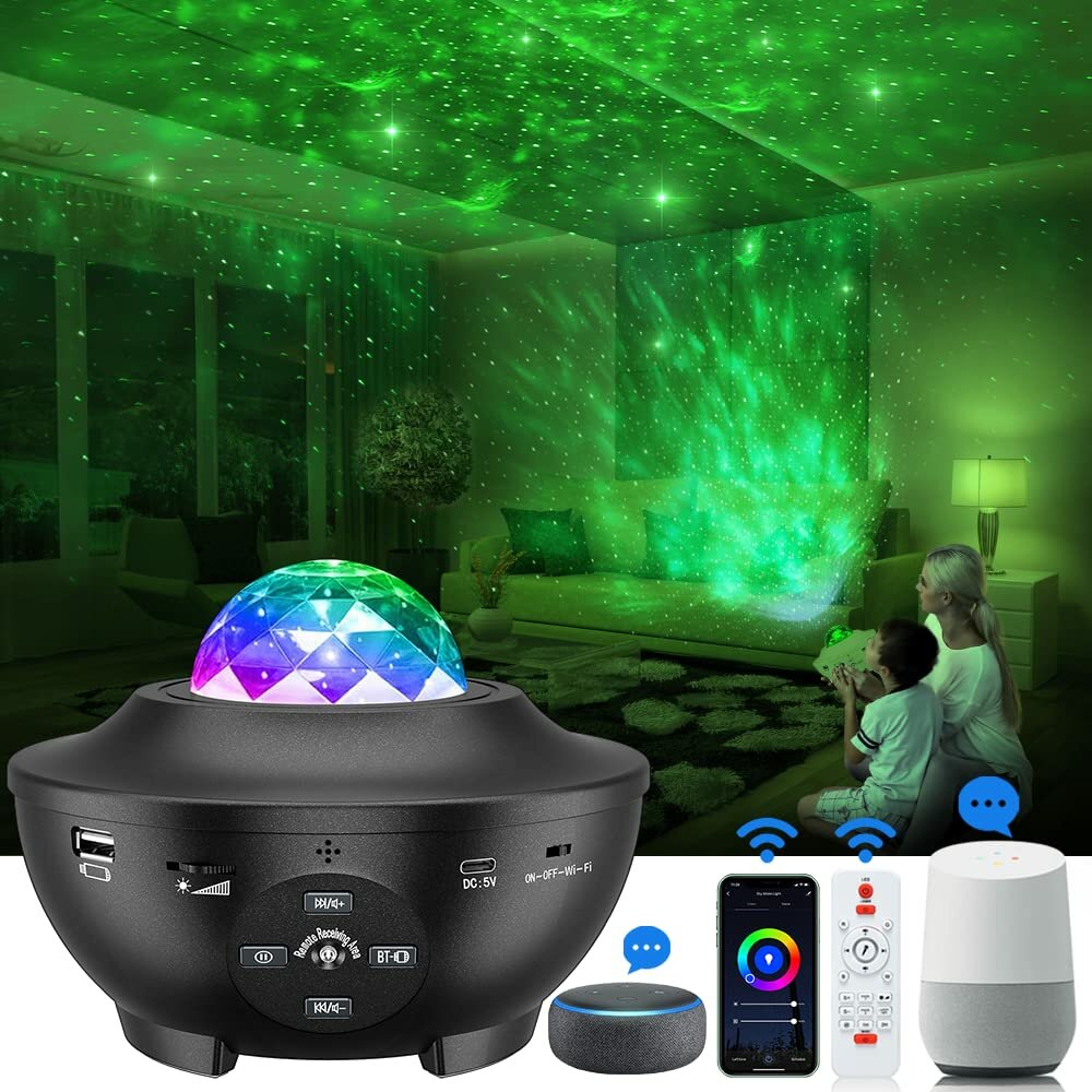 Проектор звезд Galaxy Projector Light Led со звуковым сенсором, морскими волнами, интеллектуальным управлением, 10 цветами, музыкальным проигрывателем, 360° вращением, ночным светом (черный)