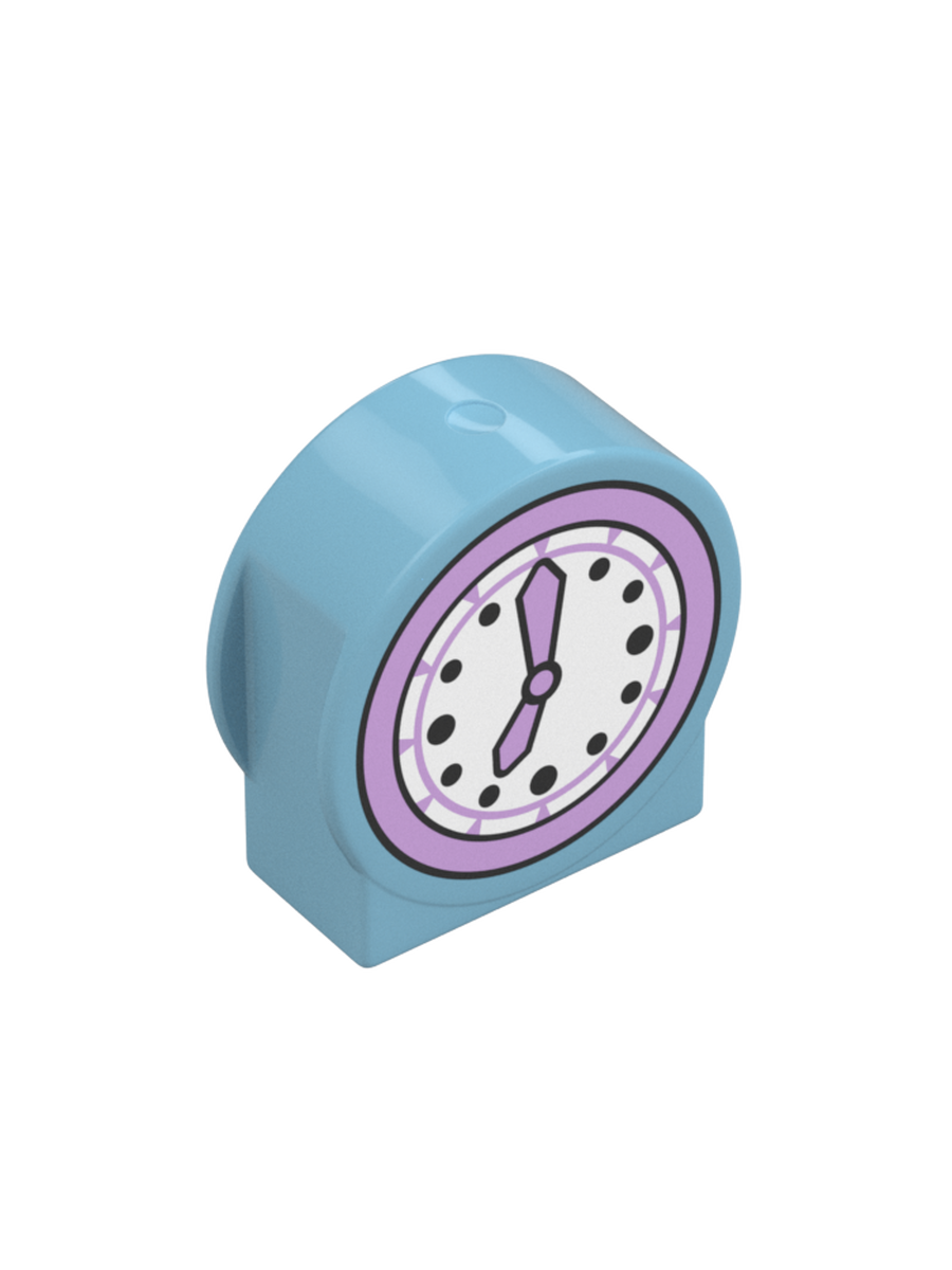 Деталь Lego Duplo, Brick 1 x 2 x 2 Round Top, Cut Away Sides with White Clock Face with Lavender Hands and Bezel Pattern (14222pb019)