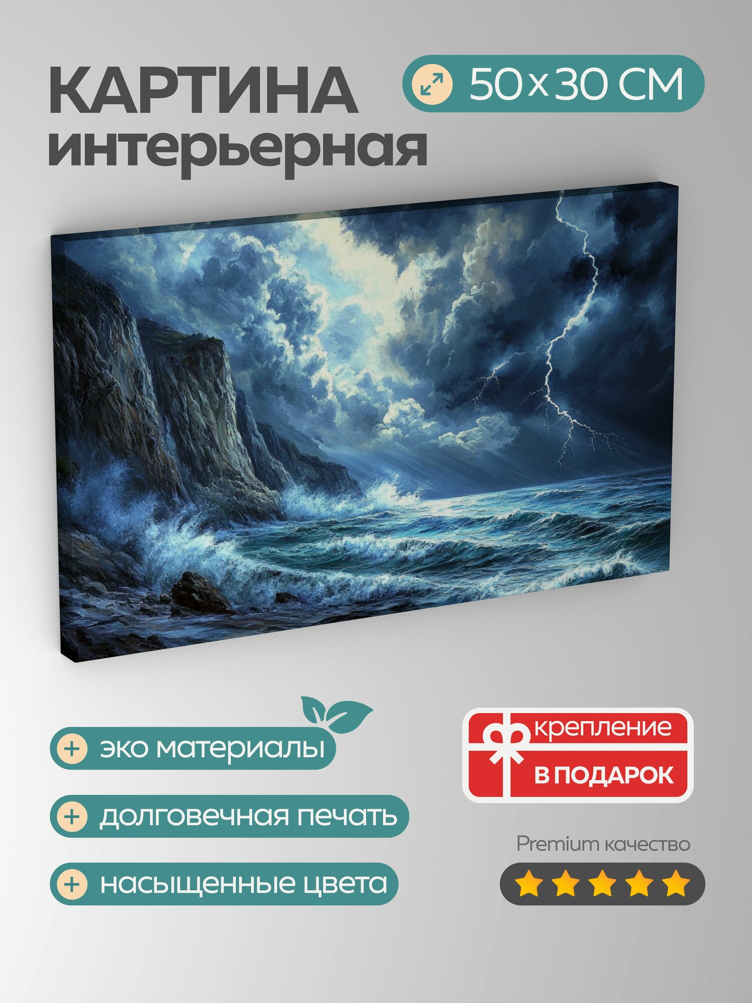 Картина на холсте интерьерная 50х30 см, шторм, масляная картина, океан, волны, морские утесы, молнии, небо, темный