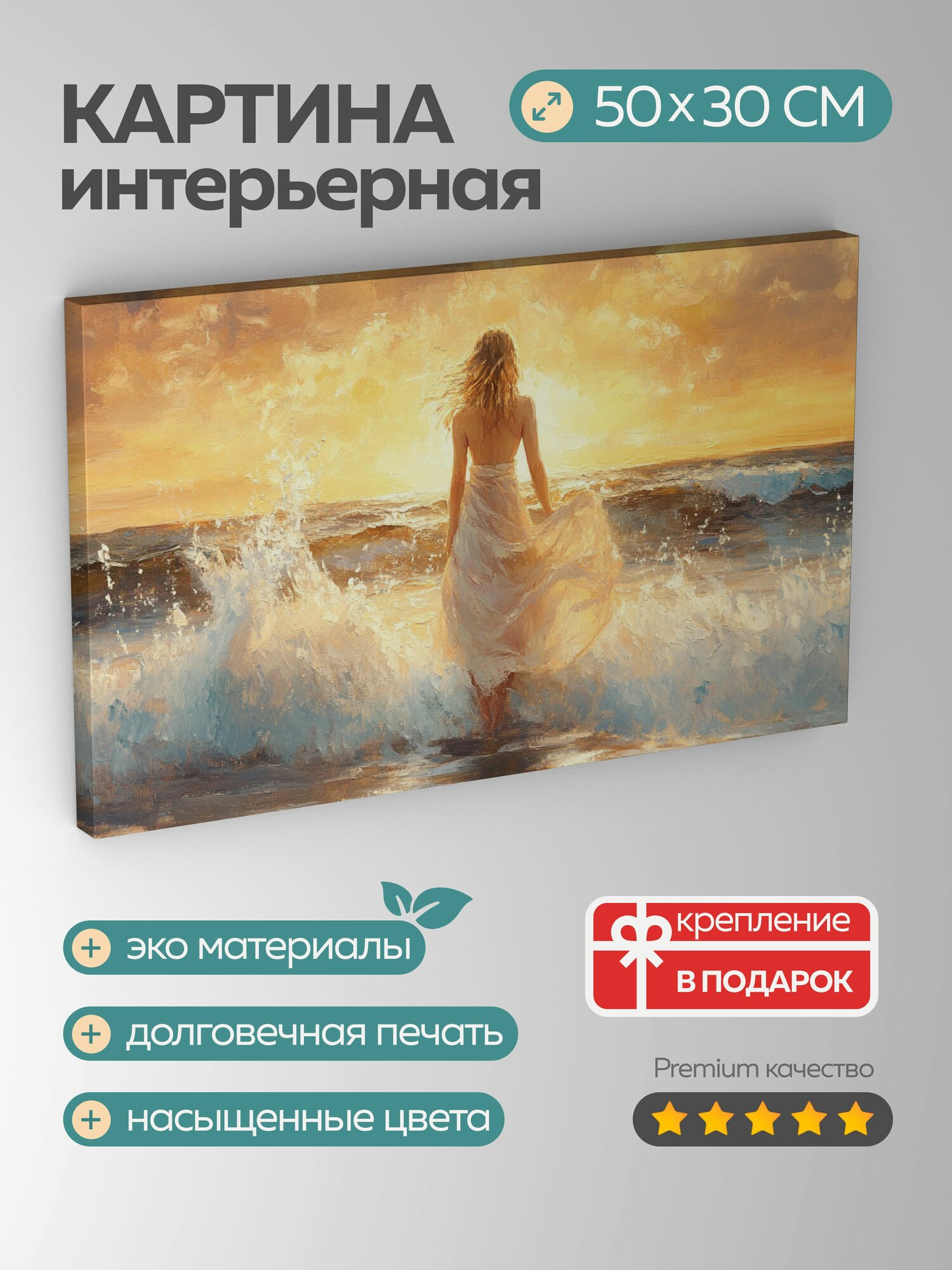 Картина на холсте интерьерная 50х30 см, девушка, сарафан, пляж, морские волны, закат, масляная картина, развевающийся