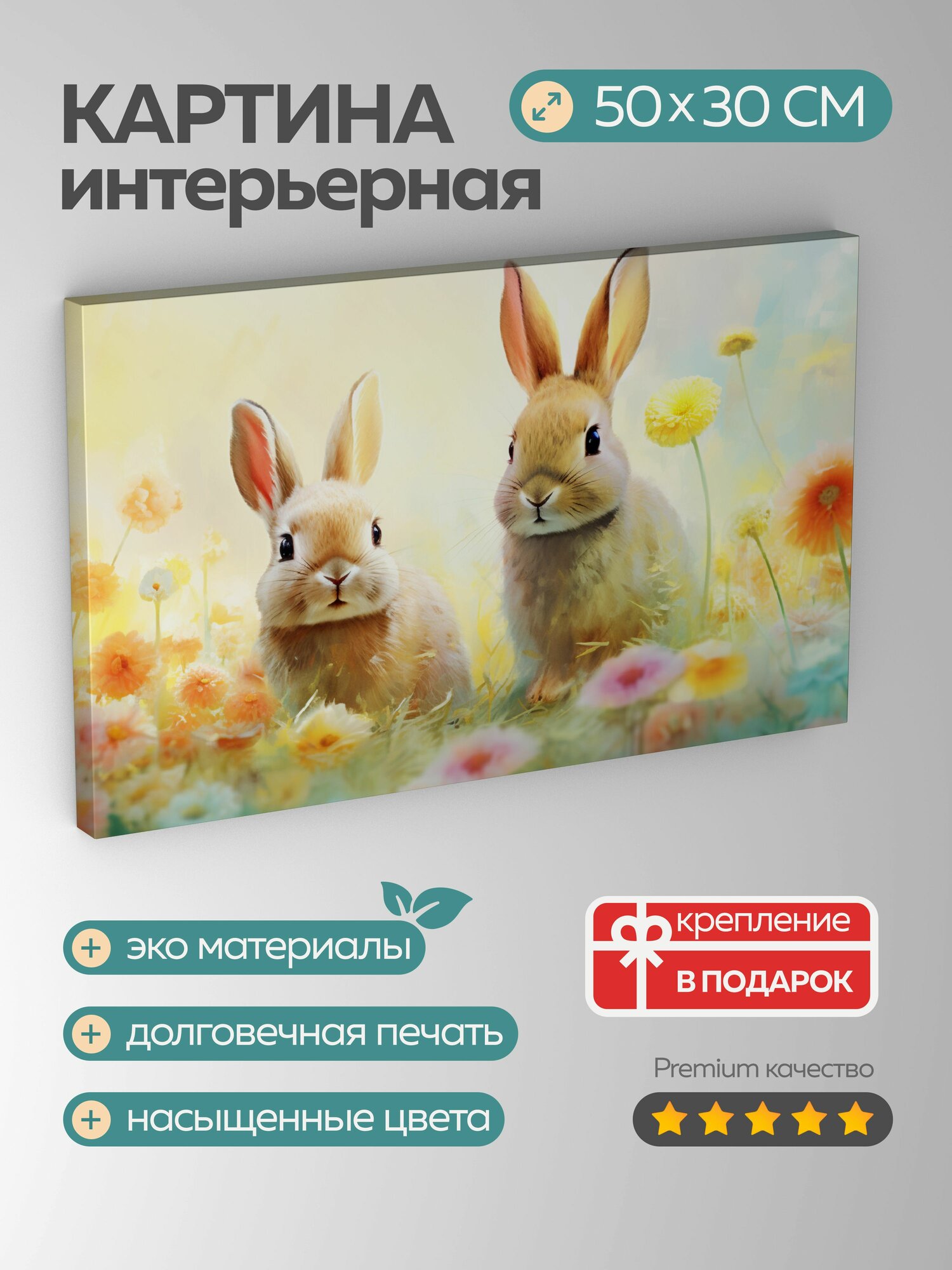 Картина на холсте интерьерная 50х30 см, зайцы, луг, цветы, глубина резкости, фон, игривость, фотография