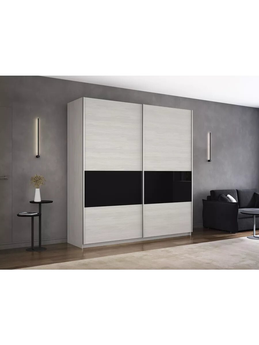 Шкаф-купе Широкий Прайм 2-х дверный ДСП/Стекло черное/Доводчики 220х57х230, Мебельная компания Е1, Ясень Анкор Светлый