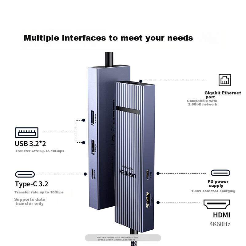 UGREEN Type-C 3.2 Finned Docking Station with 2.5G Ethernet Port, HDMI Adapter for 4K 60Hz HD Projection, Compatible with Apple MacBook/Mac mini, Huawei, Lenovo