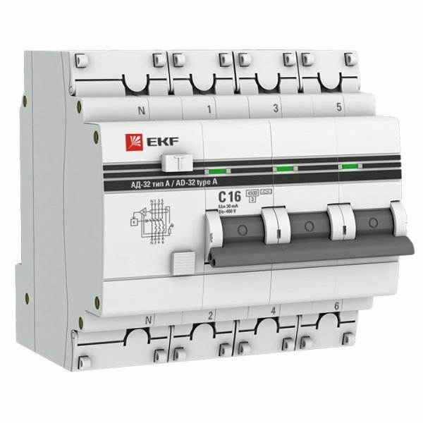 EKF PROxima АД-32 Диф. Автомат (C) 3P+N 16А/30мА тип А 4,5кА, DA32-16-30-4P-a-pro