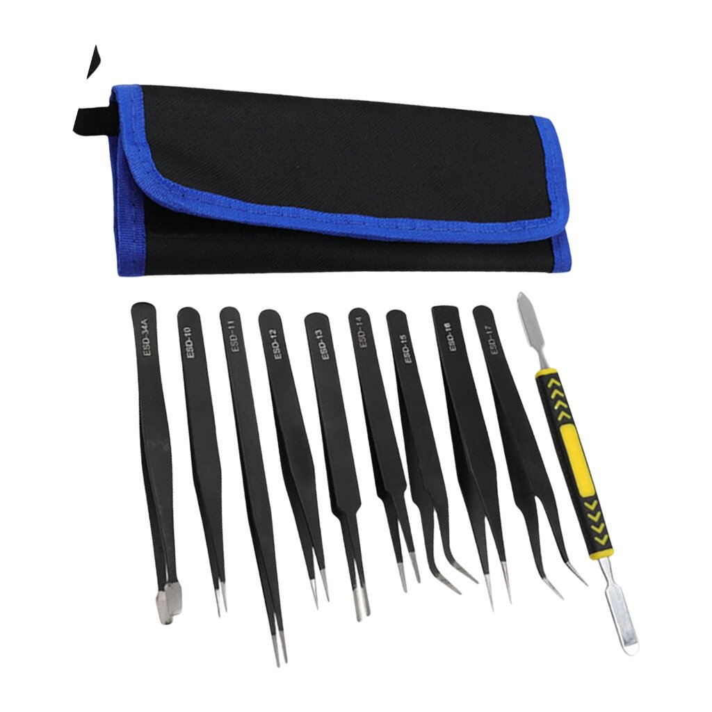 Наборы инструментов, Набор из 9 пинцетов и 1 ломика в сумке, 1 комплект