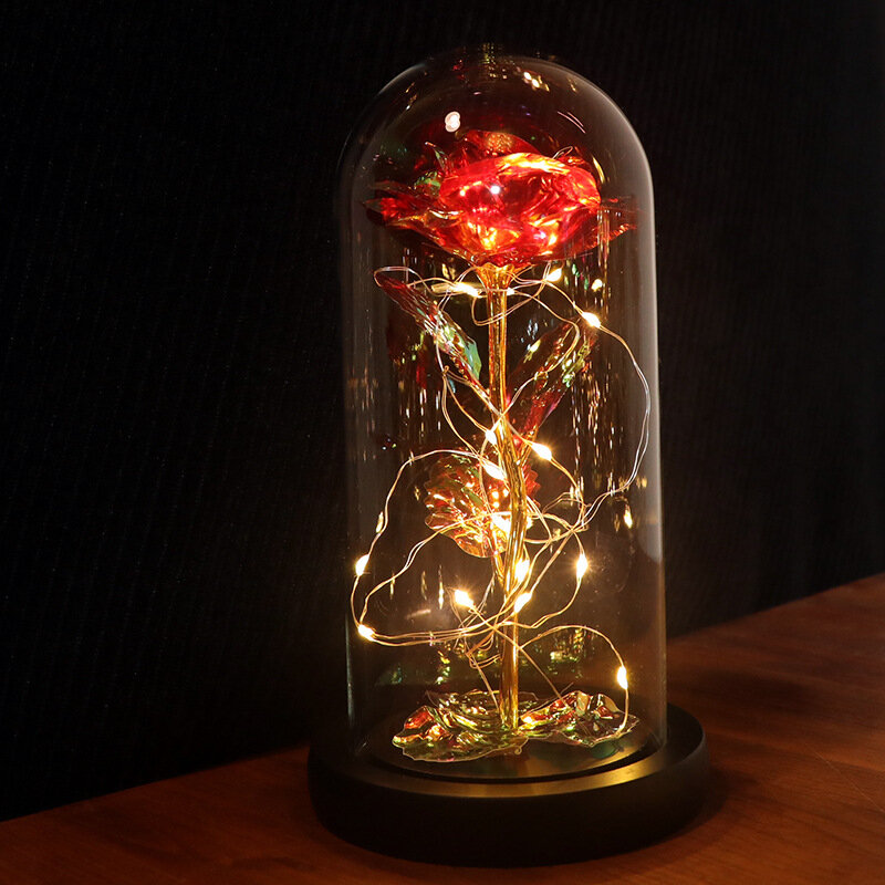 Подарочная коробка "Dream red", с крышкой из розового стекла, 24 карата, большая, на основе золотой розы