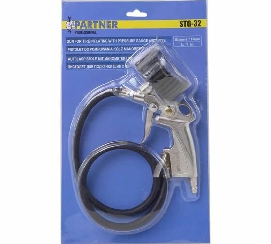 Пистолет для подкачки шин с аналоговым манометром и шлангом 1м (0-16bar), в блистере PARTNER