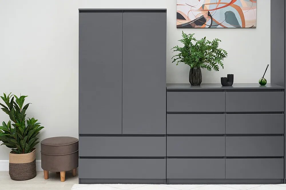 Шкаф двухстворчатый комбинированный распашной 3 полки 1 штанга 2 ящика, Челси, 90.2х179.6х51.4 см, Графит