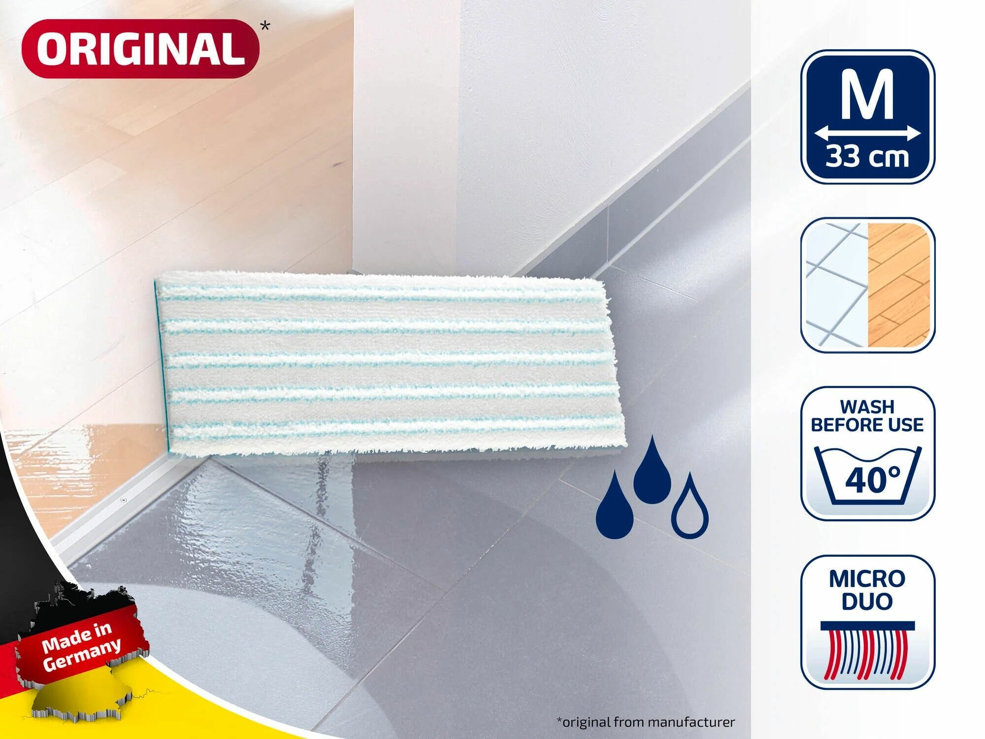 Сменная насадка для швабры LEIFHEIT PICOBELLO M (micro duo) 56613, 33 х 12 см, тряпка для швабры из микрофибры для всех типов полов (универсальная)