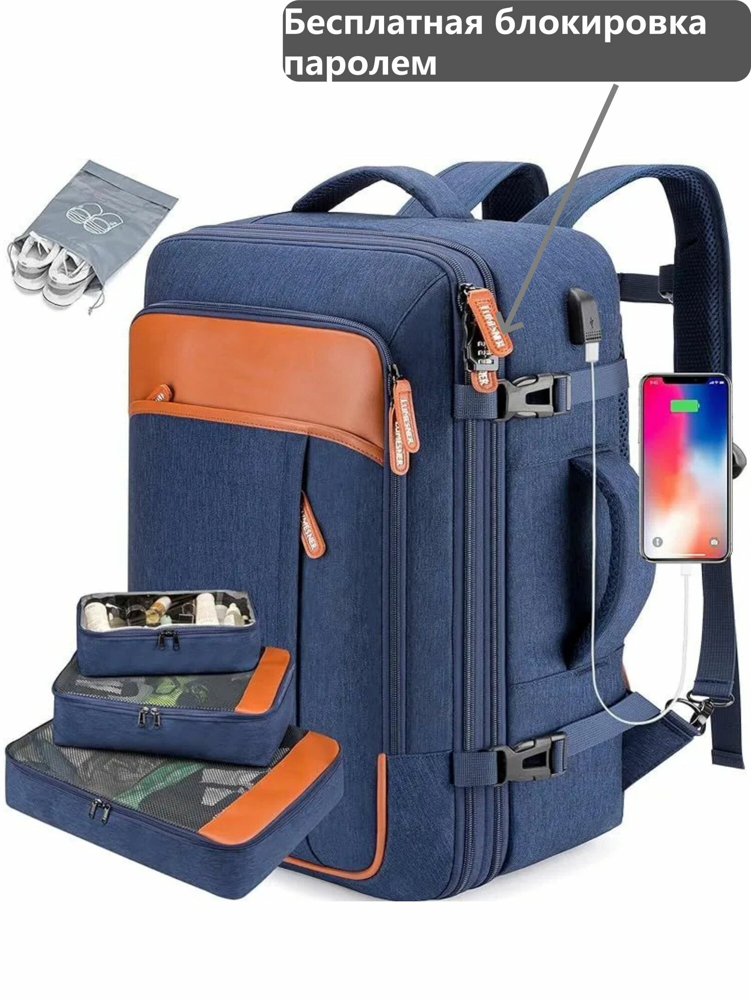 Рюкзак для ручной клади, очень большой 40 л, одобренный для полетов для мужчин и женщин, синий