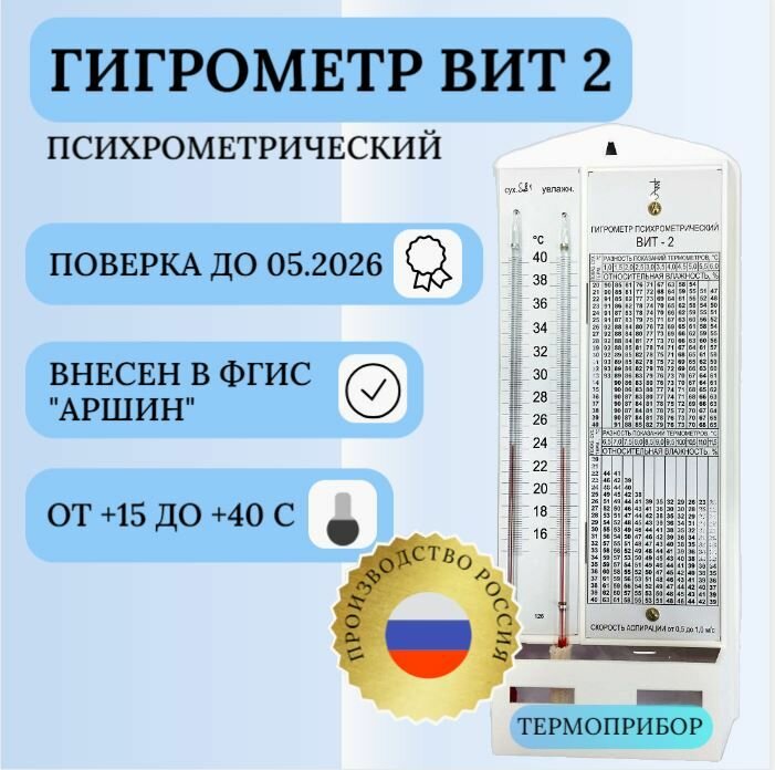 Гигрометр ВИТ 2 с поверкой 2 года термоприбор (15-40С) психрометрический