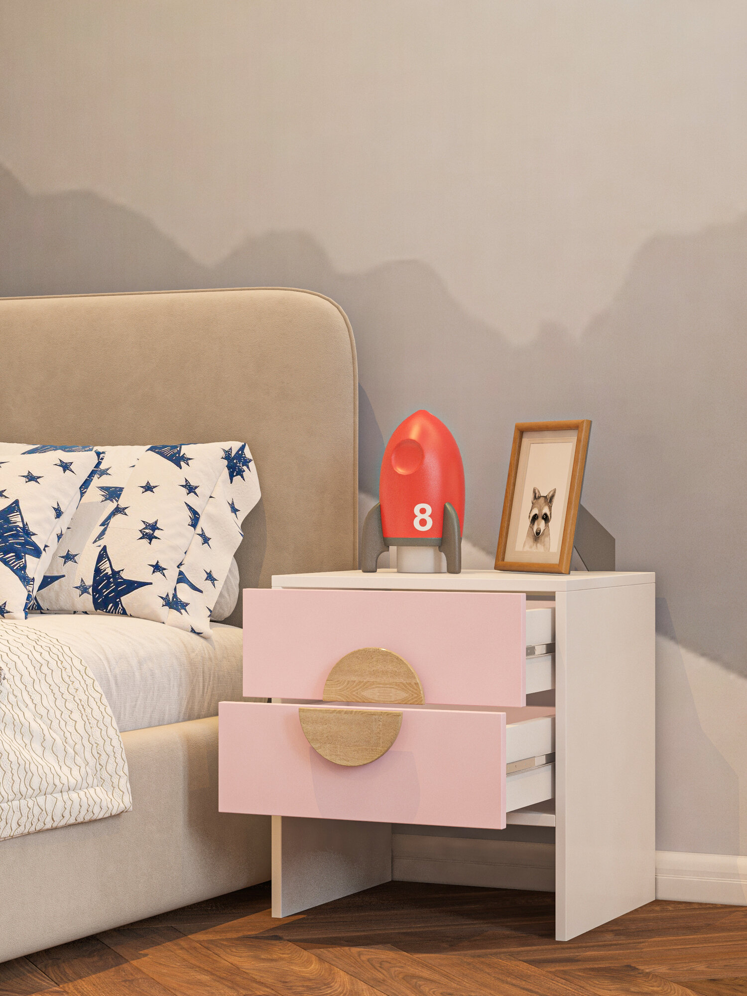 Прикроватная тумбочка львиная семейка Монтессори, ЛДСП, шариковые направляющие, 2 ящика Белая\розовая