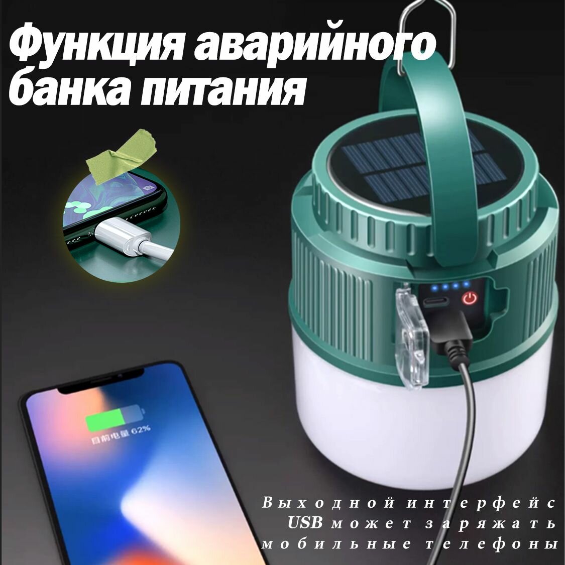 Фонарь кемпинговый на солнечной батарее с функцией Power Bank, туристический светильник подвесной, фонарик подвесной-py