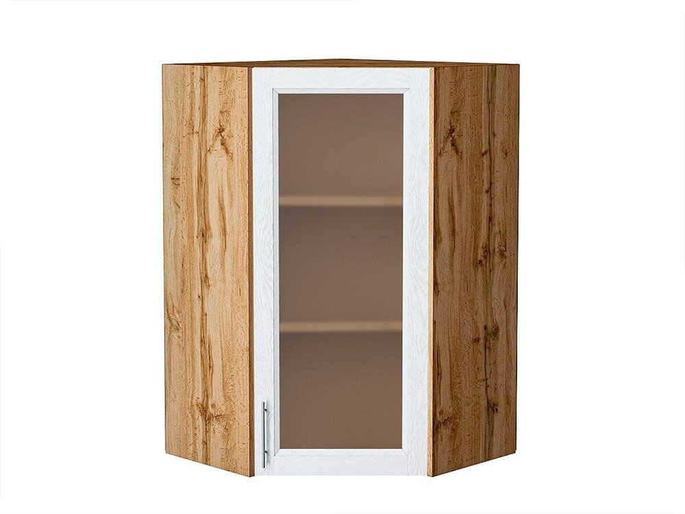 VVT Шкаф верхний угловой остекленный Сканди Дуб Вотан, White Softwood, 920 В*Ш*Г 920*600*600, фасад МДФ/Стекло White Softwood, корпус Дуб Вотан White Softwood