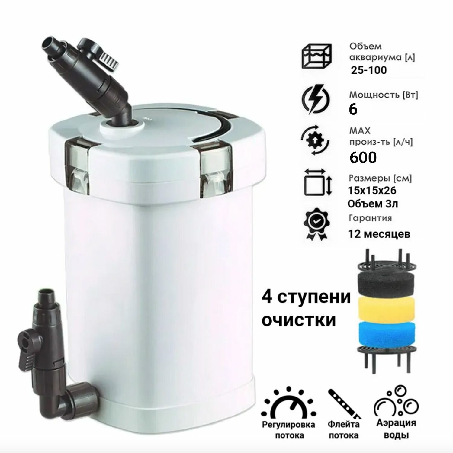 Фильтр внешний для аквариума от 25 до 100 литров, Sunsun HW-502. С регулятором потока, и насадкой флейта.
