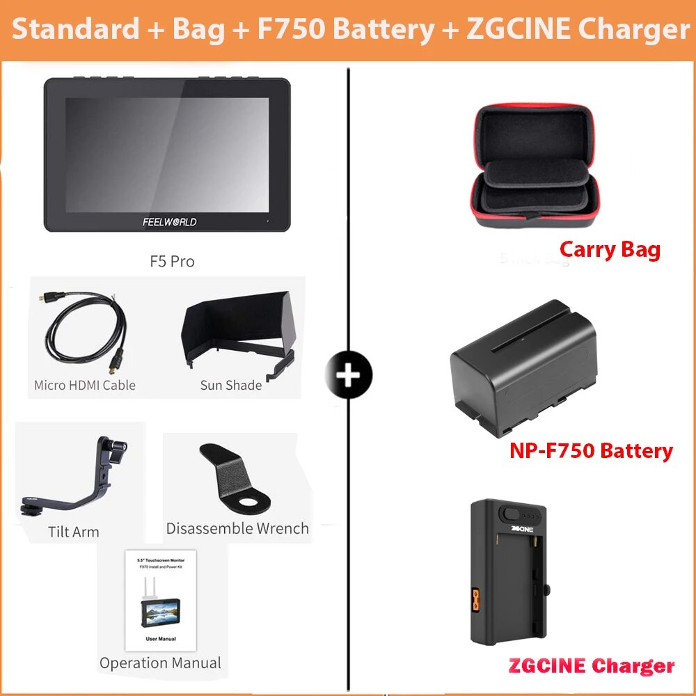 FEELWORLD F5 PRO 6" монитор + NP-F750, ZG Charger, Bag