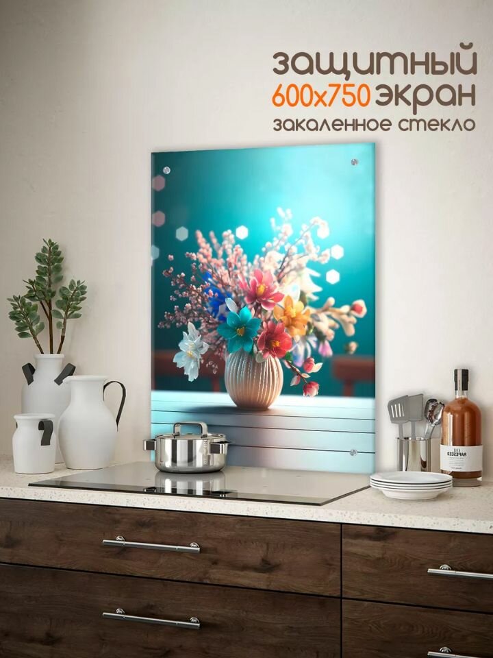 Защитный экран от брызг на плиту 750х600х4мм. Стеновая панель для кухни из закаленного стекла. Фартук для кухни на стену