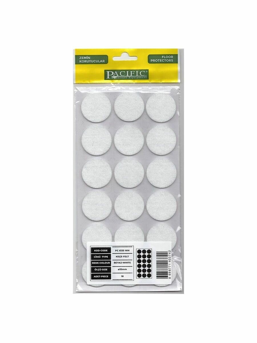 Накладки / наклейки / подпятники войлочные Pacific (Турция) самоклеящиеся под мебель (диаметр 35 мм, 18 шт.), белый
