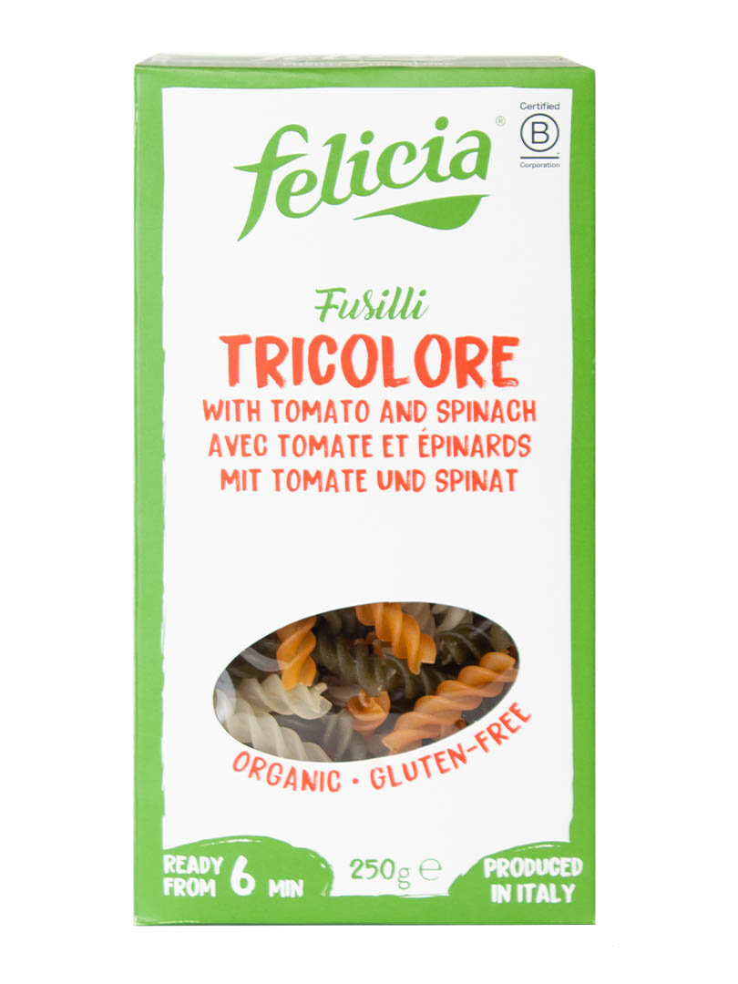 Макароны Felicia Спиральки без глютена из рисовой муки с добавлением шпината и томатов БИО, 250 г