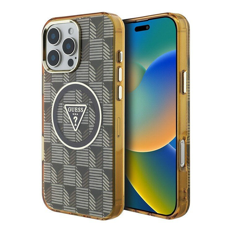 Guess пластиковый чехол с MagSafe для iPhone 16 Pro Max, Jet Set Trianlge logo Metal camera коричневый