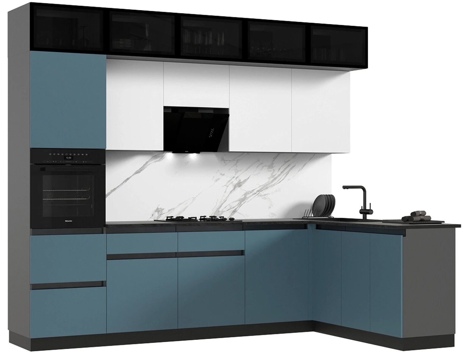 Угловой кухонный гарнитур МДФ МДМ 3000х1800 Браш блю/Браш вайт/графит МДФ