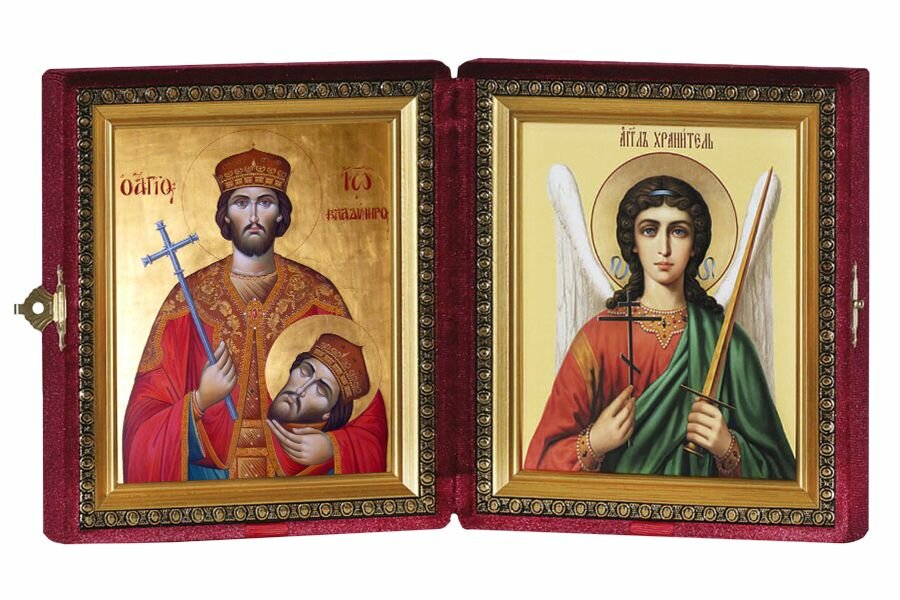 Икона складень Иоанн-Владимир Сербский, князь, Мученик и Ангел Хранитель в бархатном футляре, 10х11 см