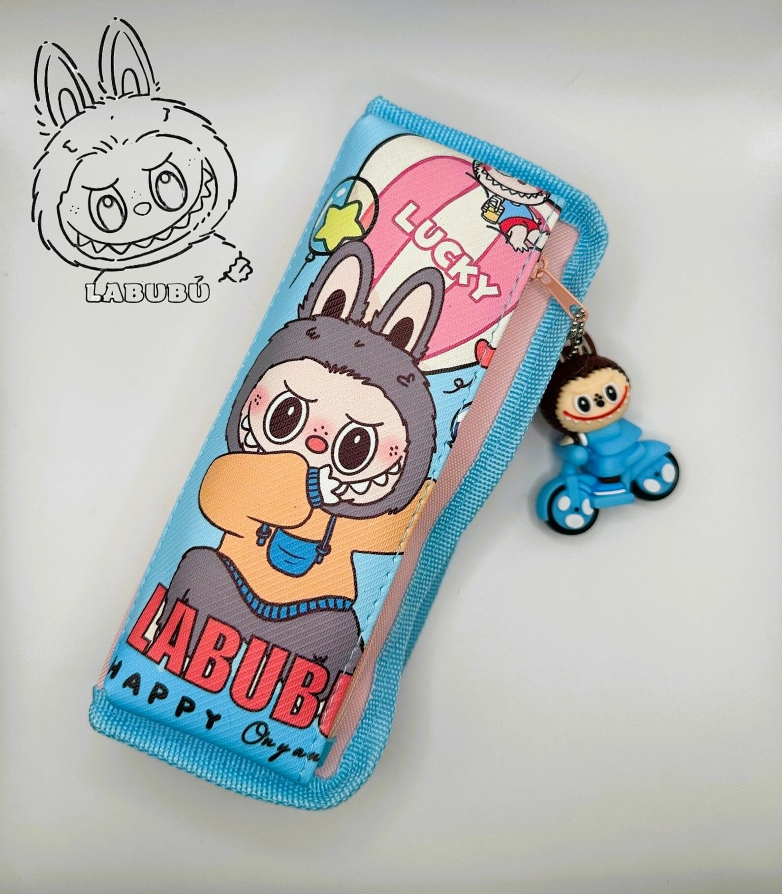 Пенал школьный на молнии + брелок " Лабубу " (20 х 9 х 5 см) , голубо-розовый