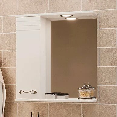 Зеркало Emmy Рио 55 L со светодиодной подсветкой, с полкой, со шкафчиком, 55 см, с розеткой, белое