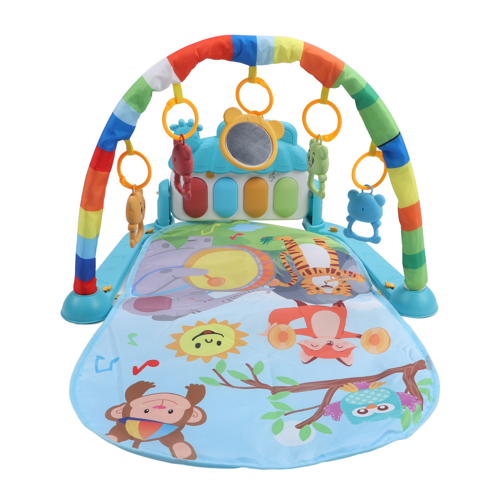 Детский игровой коврик-манеж для малышей, развивающий игровой коврик, пианино для игр на животике, коврик для игр на животике с педальным пианино и подвесными погремушками, с рисунком обезьянки и совы.