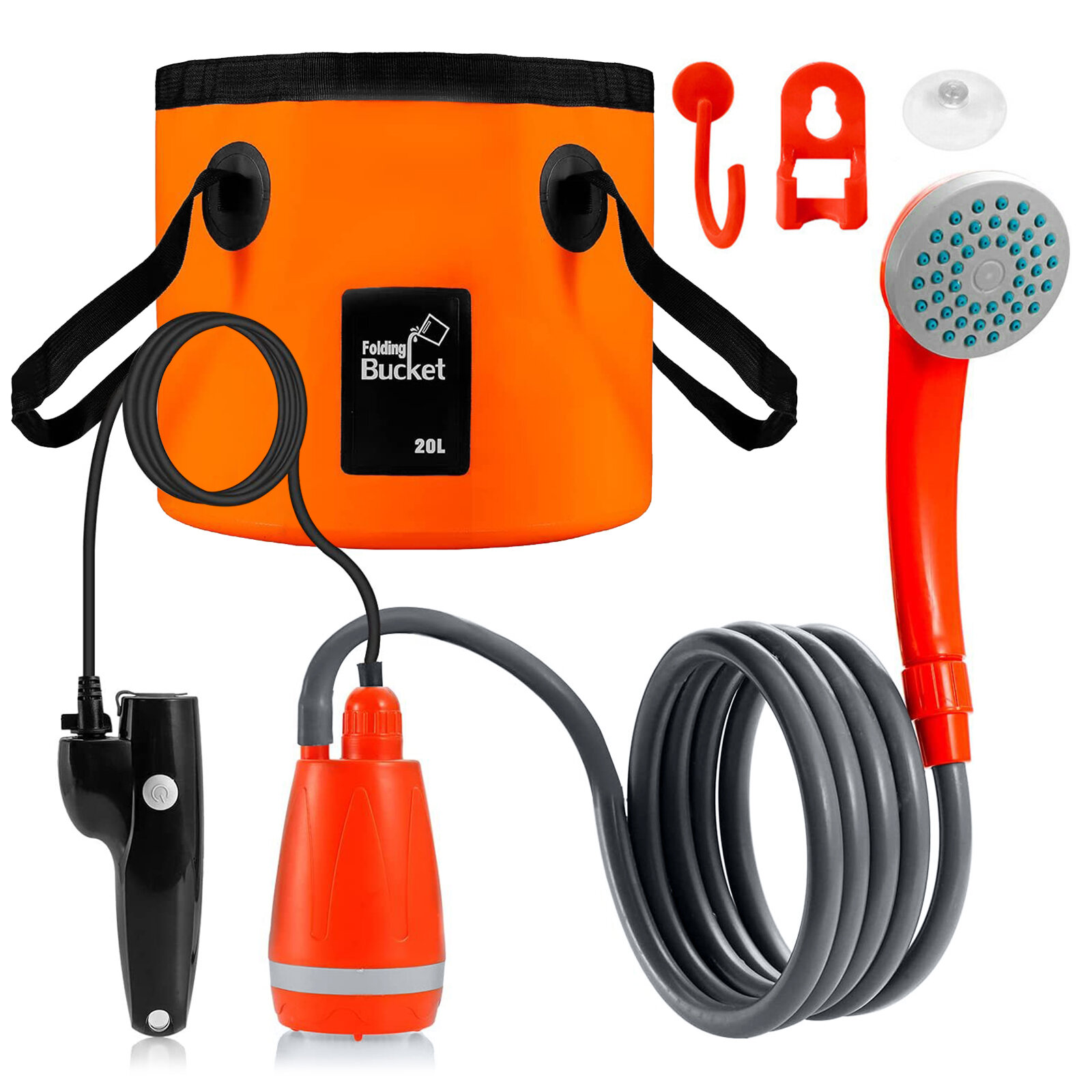 Портативный походный душ для кемпинга с расходом воды 2,5-3,5 л/мин, шлангом длиной 2 м, USB-зарядкой и временем автономной работы 30-60 минут.