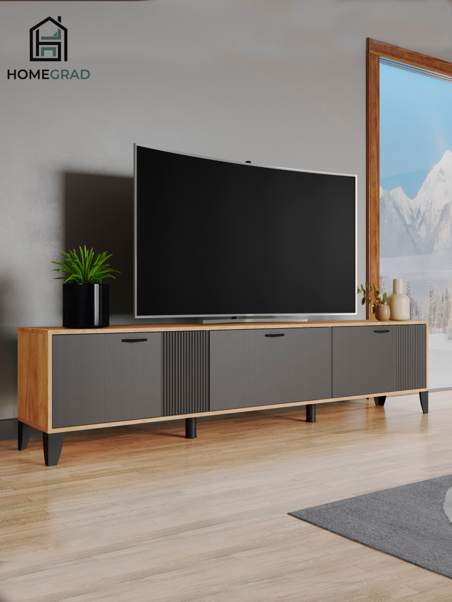 Тумба под телевизор напольная HomeGrad ТВ 9, дуб крафт золотой/карбон вулкан