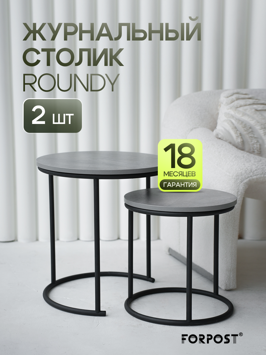 Журнальный столик круглый, каспий темный/черный, комплект 2 штуки
