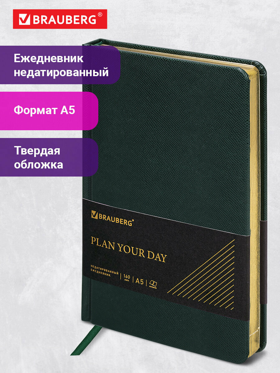 Ежедневник-планер (планинг) / записная книжка / блокнот недатированный А5 138х213мм Brauberg Iguana под кожу, 160 листов, темно-зеленый, 114457