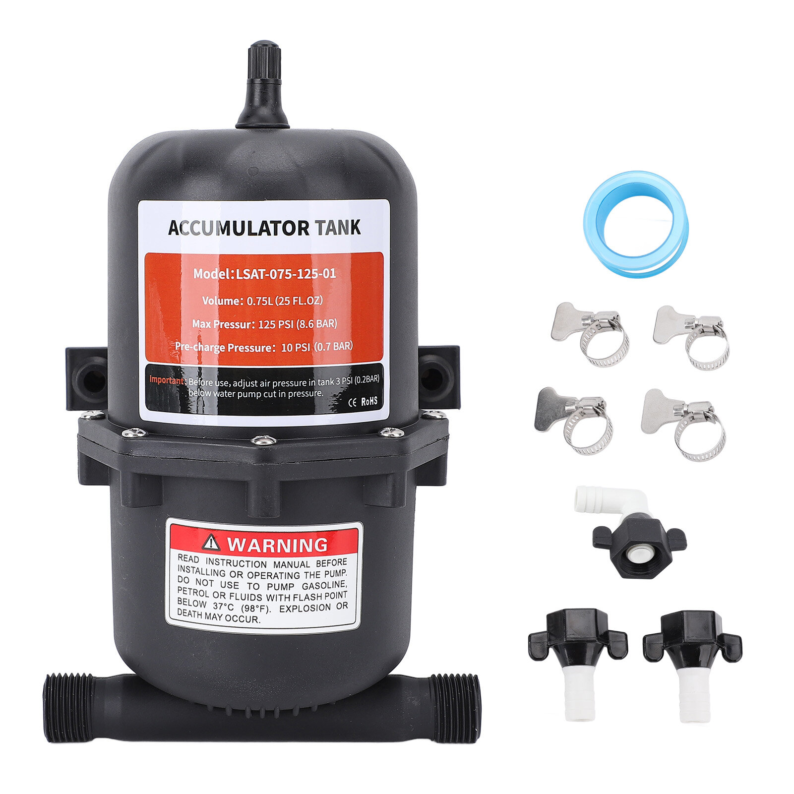 Мини-бак под давлением 0,75 л с зажимами, порт 1/2 MNPT, аккумуляторный бак под давлением для прицепа для лодок на колесах, максимум 125 фунтов на квадратный дюйм