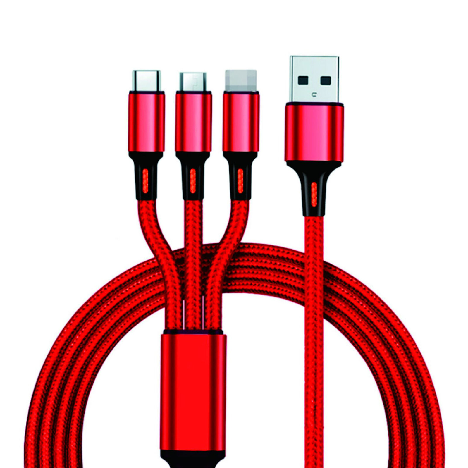 Кабель для зарядки 3 в 1 с нитевым плетением из нейлона, универсальный USB-кабель для зарядки, совместимый с устройствами i-Product/Type-C/Micro USB, красный, длина 1.2 м, интерфейсы Type-C, Micro USB, i-Product, 1 шт.