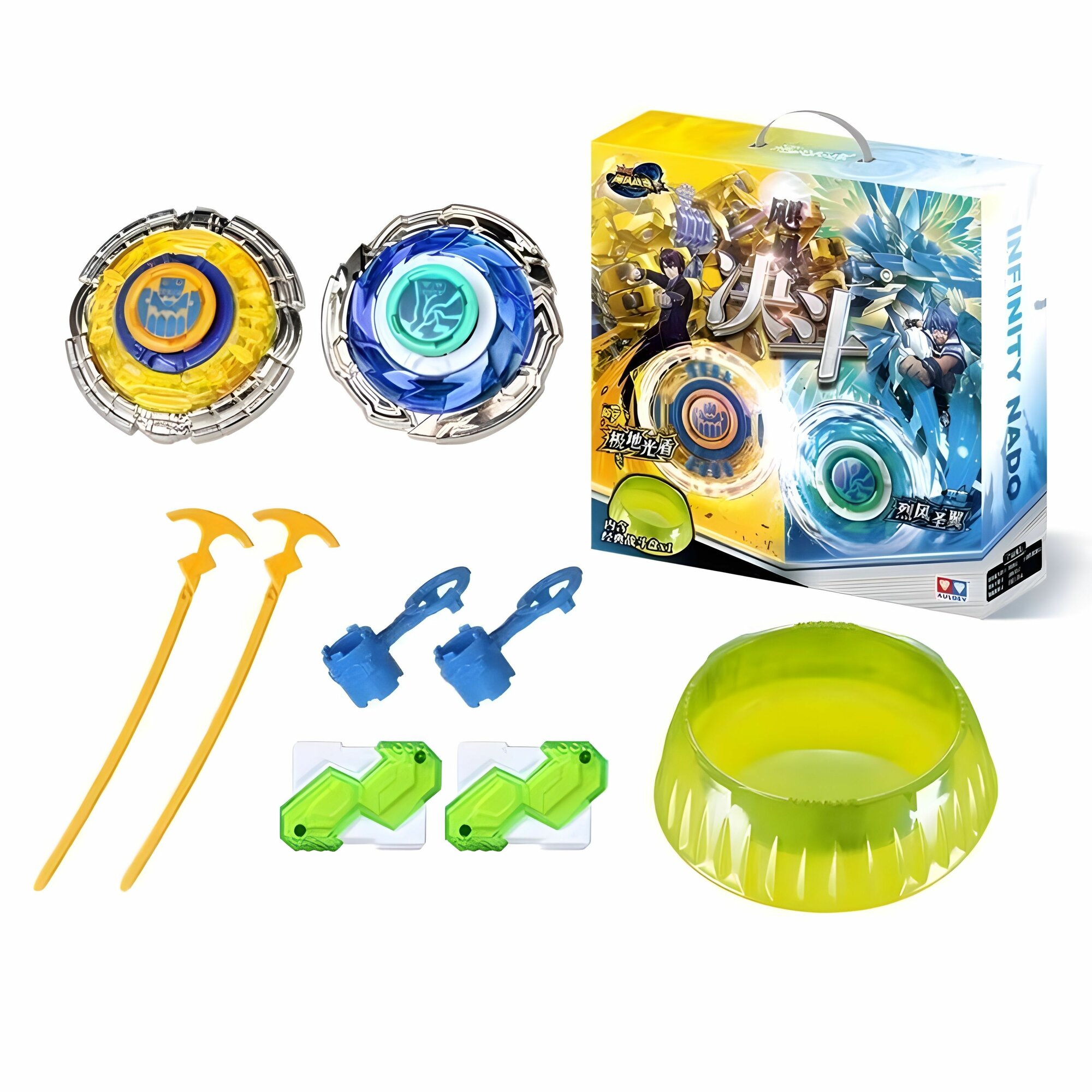 Стартовый набор из 2-х волчков (Небесный вихрь и ослепительный щит) Арена для боев, желтый, голубой-3