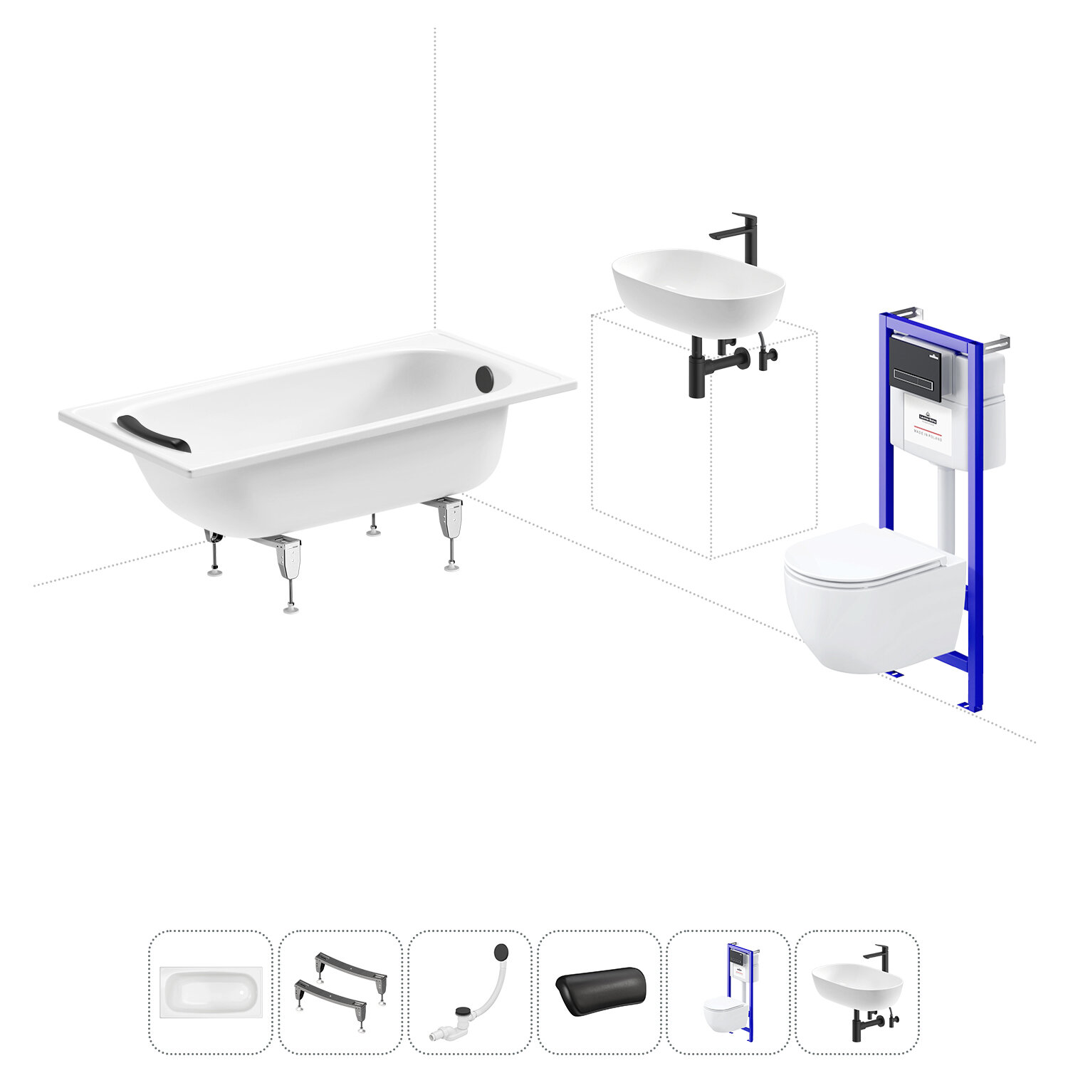 Стальная ванна 130х70 Sanitana BLB Europa 20220779R в наборе 6 в 1: металлическая ванна 130 х 70 см, ножки, слив-перелив, подголовник, инсталляция с унитазом, раковина с комплектом для подключения