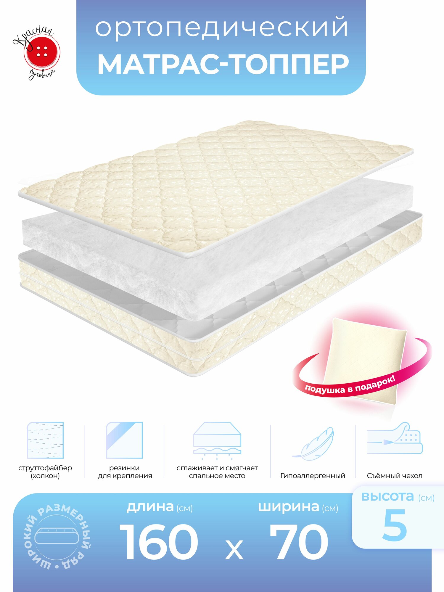 Матрас Соло беспружинный (матрас-топпер) струттофайбер 70х160 см, высота 5 см