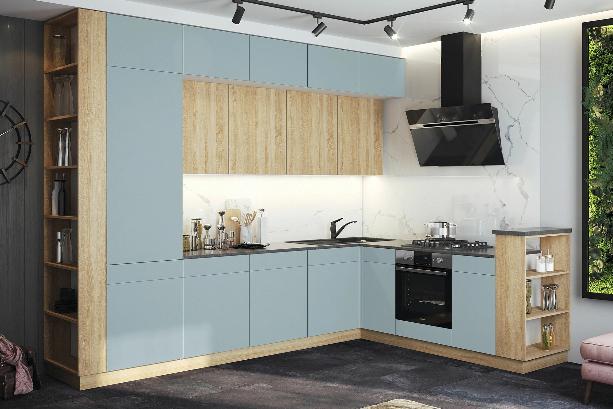 Кухня Техно-5 3,2*2,24м (490) (Сонома/Браш Деним Блю, Белый (Кастилло темный))