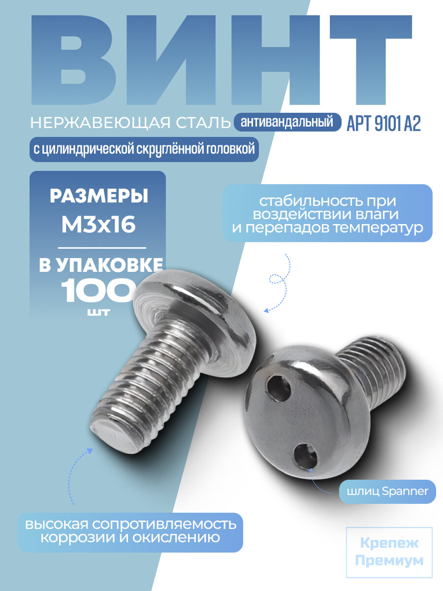 Винт АРТ 9101 А2 M 3х16 в упак 100 шт антивандальный с цилиндрической скруглённой головкой, шлиц Spanner