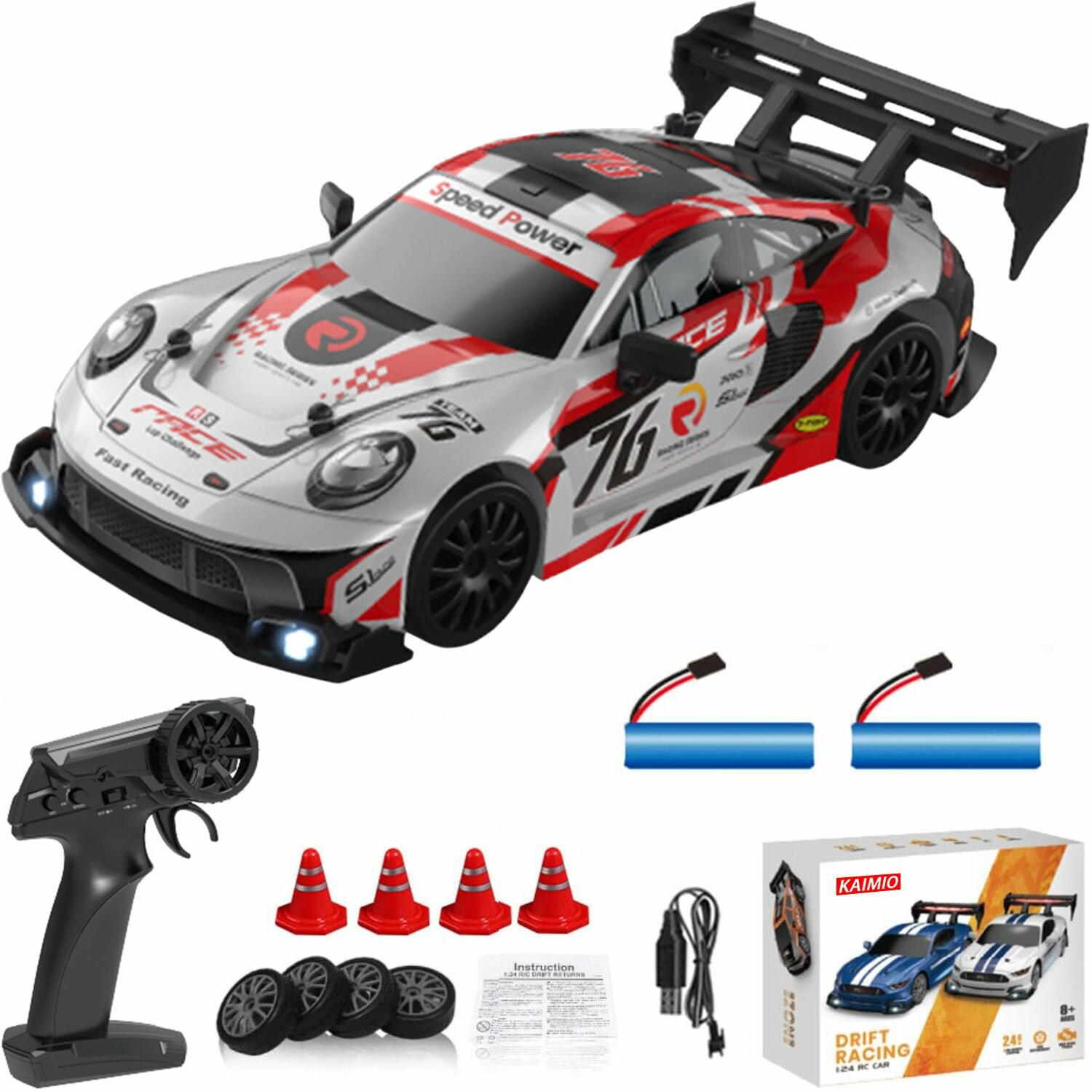 KAIMIO 1:24 Высокоскоростной автомобиль на дистанционном управлении. RC дрифт машина, беспроводное управление 2.4G, два комплекта шин, мини баррикадное ограждение(8606-белый)