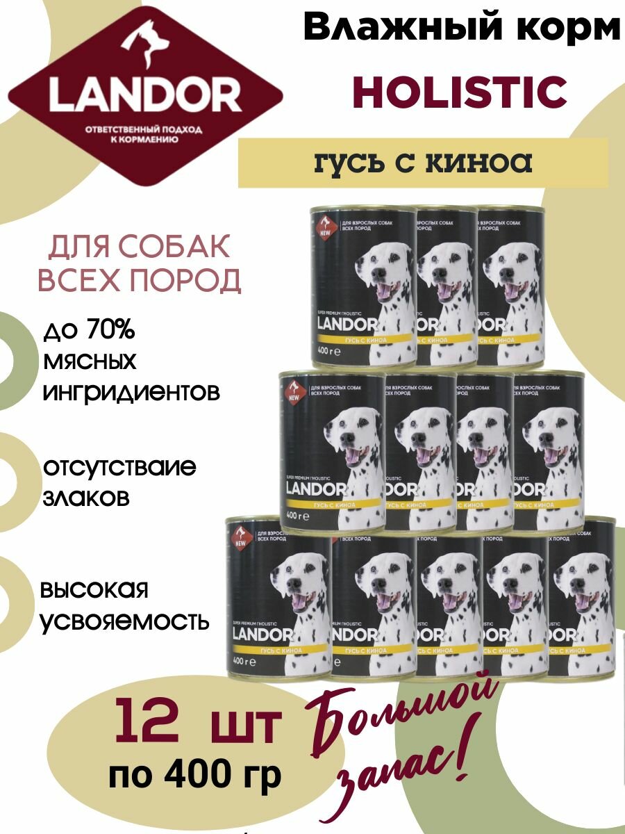Полнорационный влажный корм LANDOR для собак всех пород гусь с киноа 400г х 12 шт.