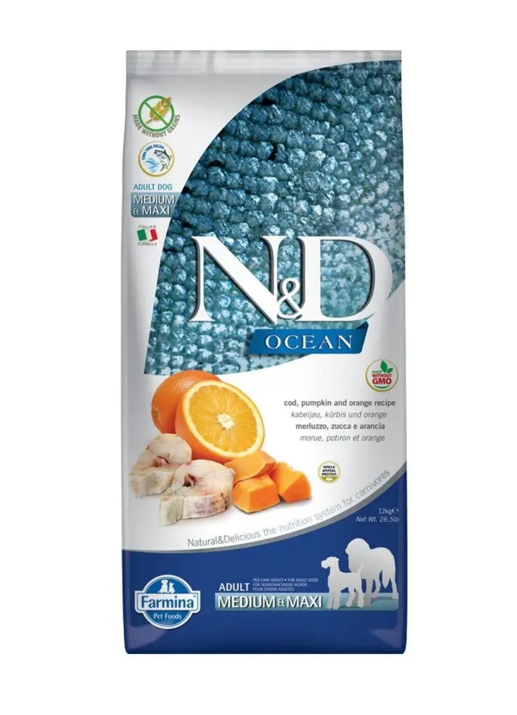 Сухой корм Farmina ND Ocean Dog Codfish, Pumkin, Orange Adult MEDIUM / MAXI для взрослых собак средних и крупных пород, треска, тыква и апельсин, 12кг