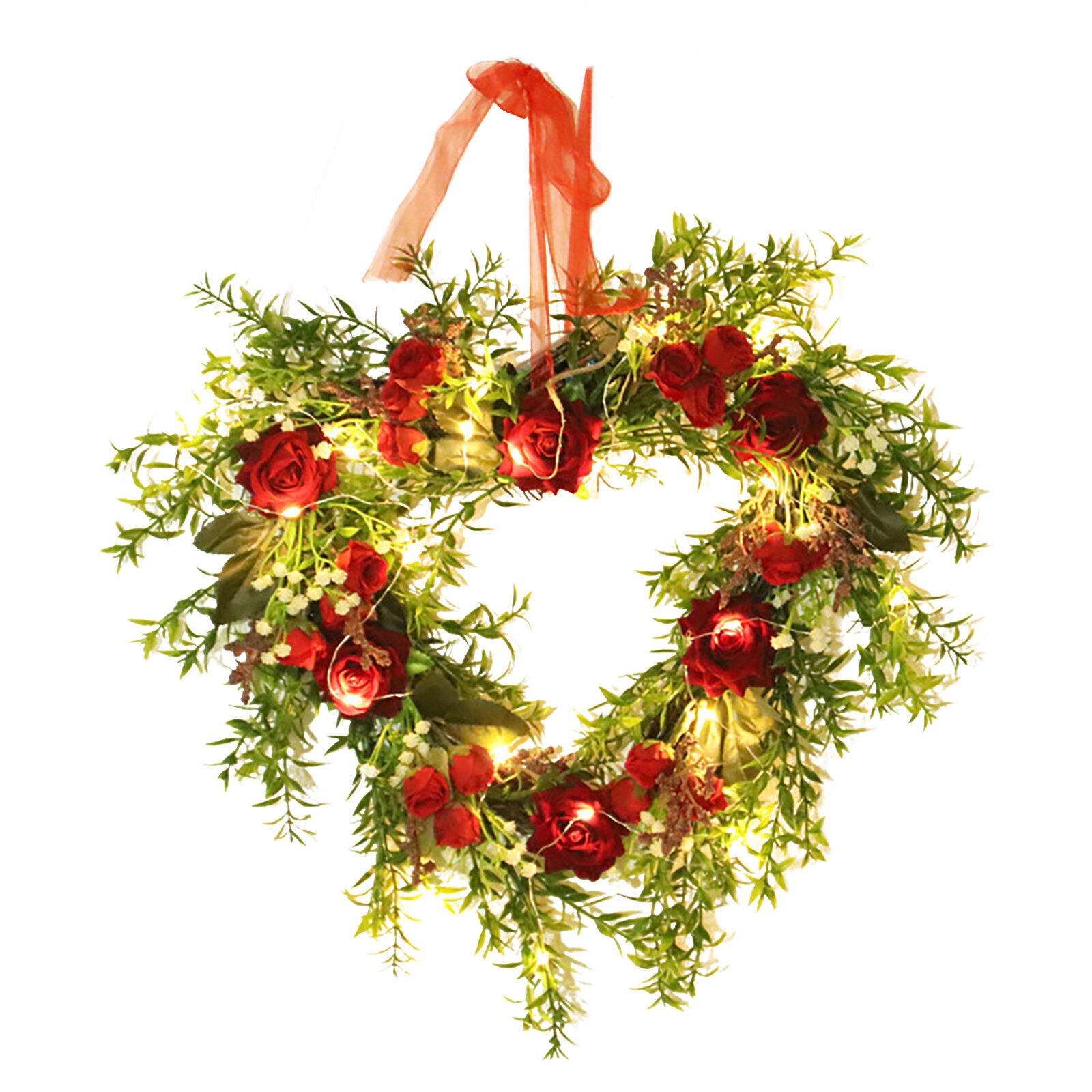 Искусственный венок из роз в форме сердца с легкой лентой, весенние цветочные венки для украшения входной двери, свадебного декора, фотосессии, 40 см.