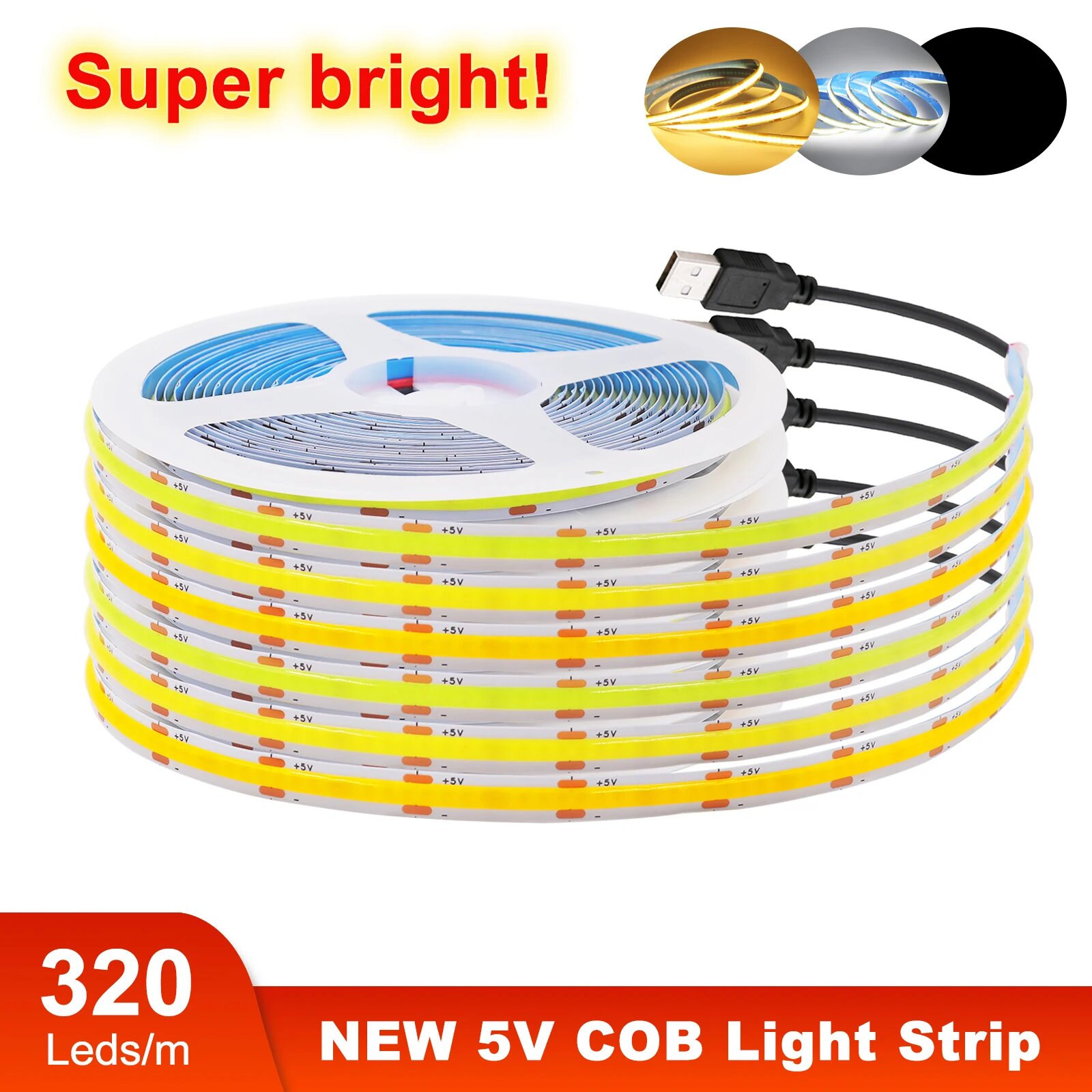 Светодиодная лента COB 5V, 320 LEDs/m, Natural White, USB plug, 1M