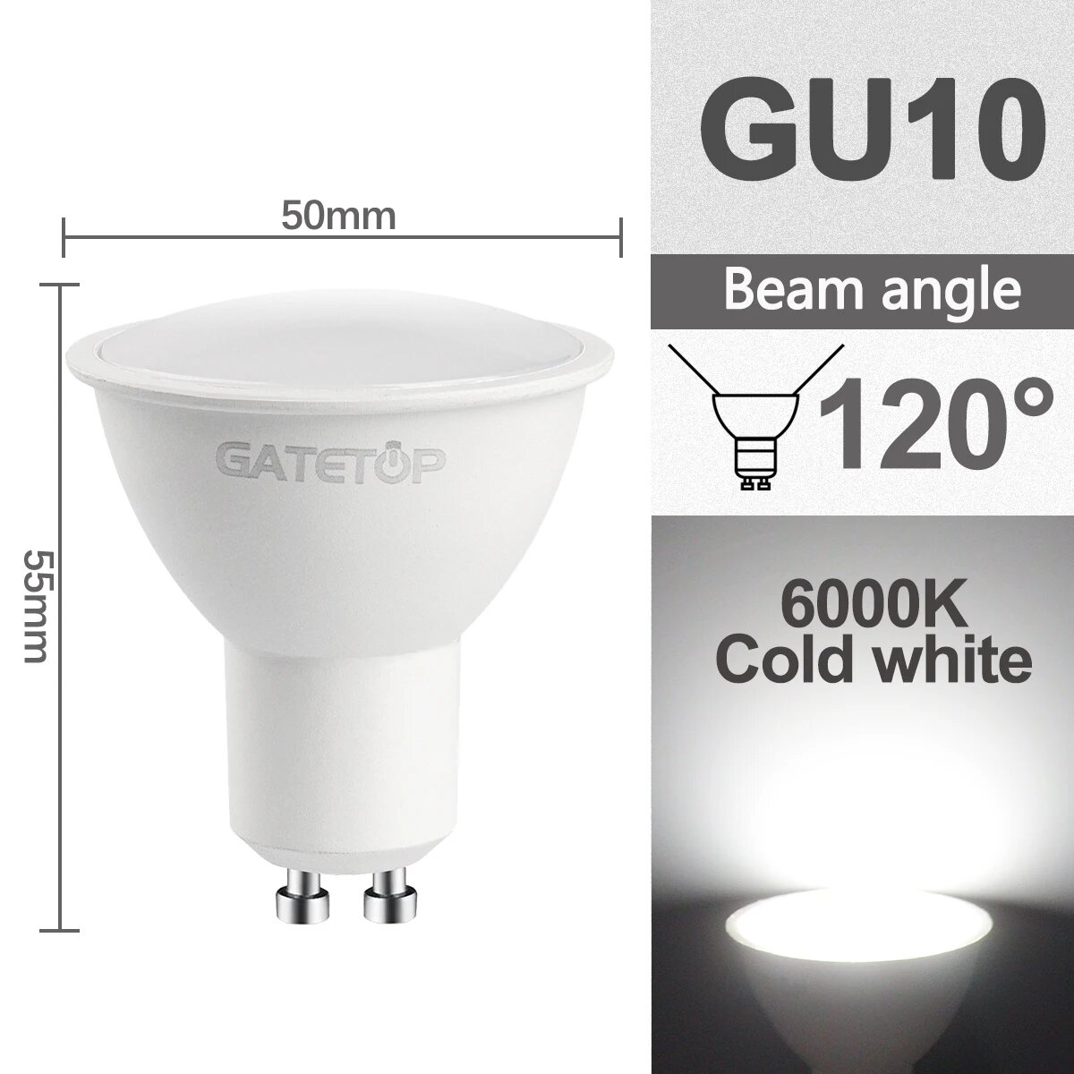 Светодиодная лампа GU10 Gatetop 3W-9W для гостиной 120degree 6000K, 1 pcs, AC220-240V, 9W
